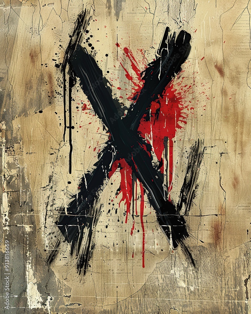 Letter X drawing in ink with dripping paint on a grunge scratched and ...