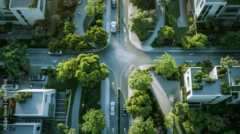 Aerial View of a Green Urban Neighborhood with Electric Vehicle ...