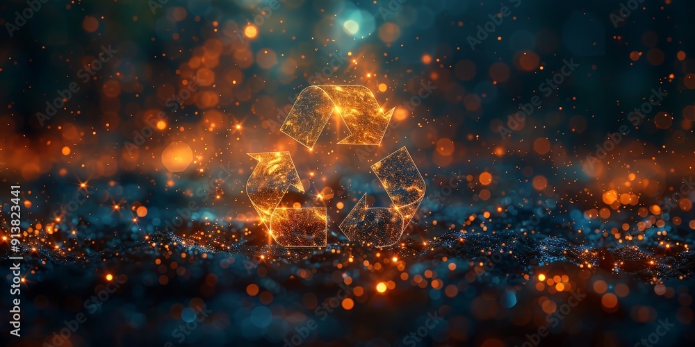 Glowing recycle symbol with sparkling bokeh background for ...