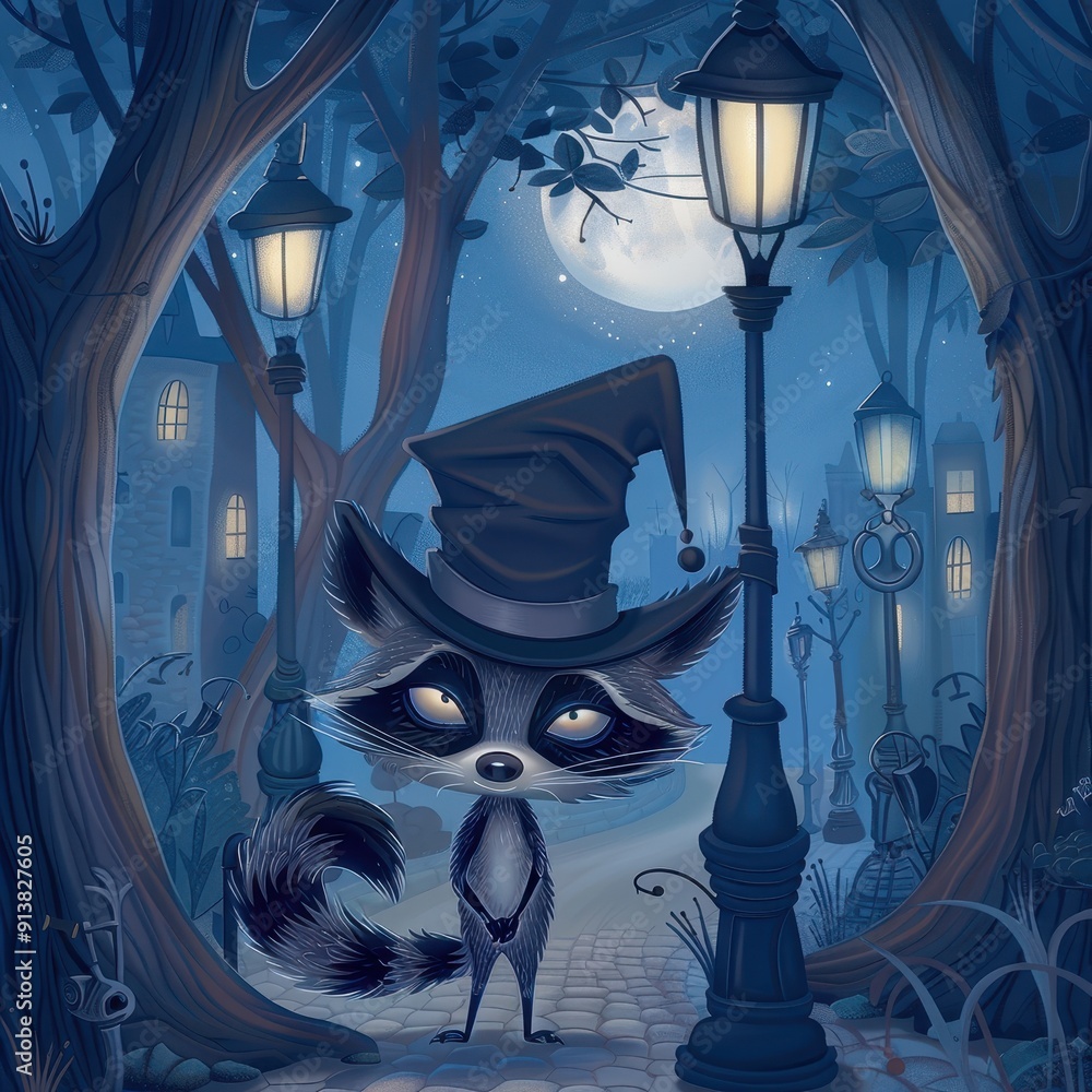 Cheeky cartoon raccoon wearing a detective hat, sneaking through a ...