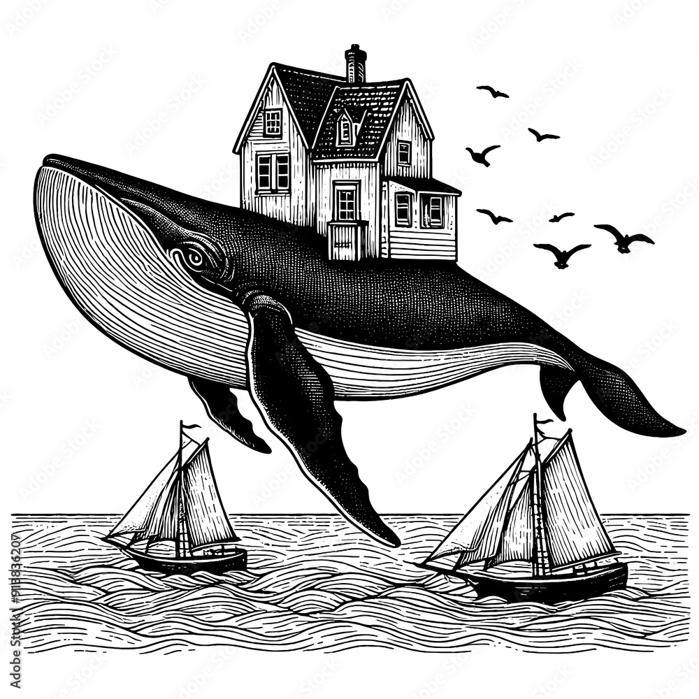 surreal whale carrying a house on its back, flying above sailboats in ...