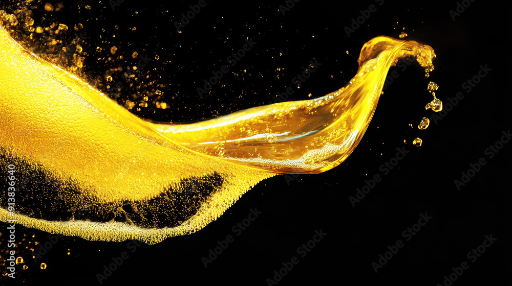 Yellow liquid flowing in the air on black background, with bubbles and ...