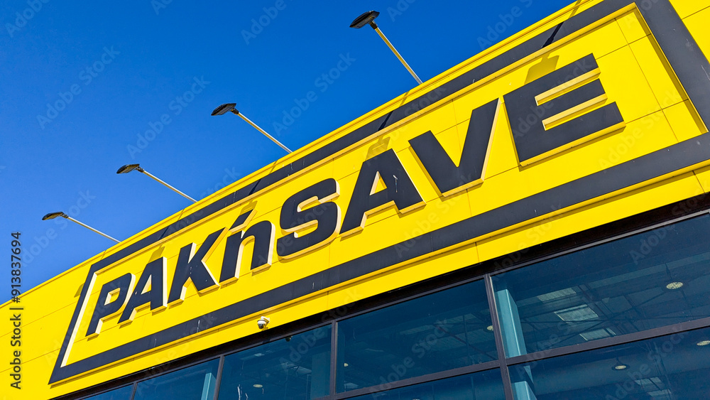 Close up view of PAK'nSAVE yellow and black sign and logo at ...