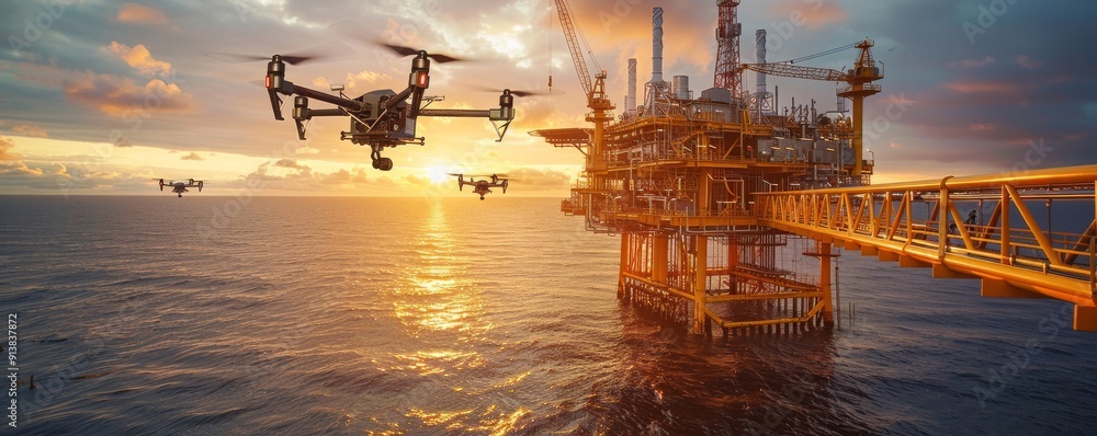 Drones inspecting offshore oil rigs at night with illuminated ...