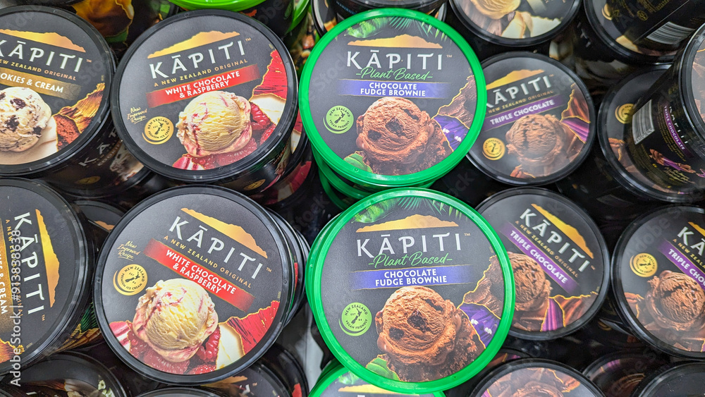 Top down view of tubs of gourmet Kapiti ice cream including plant based ...