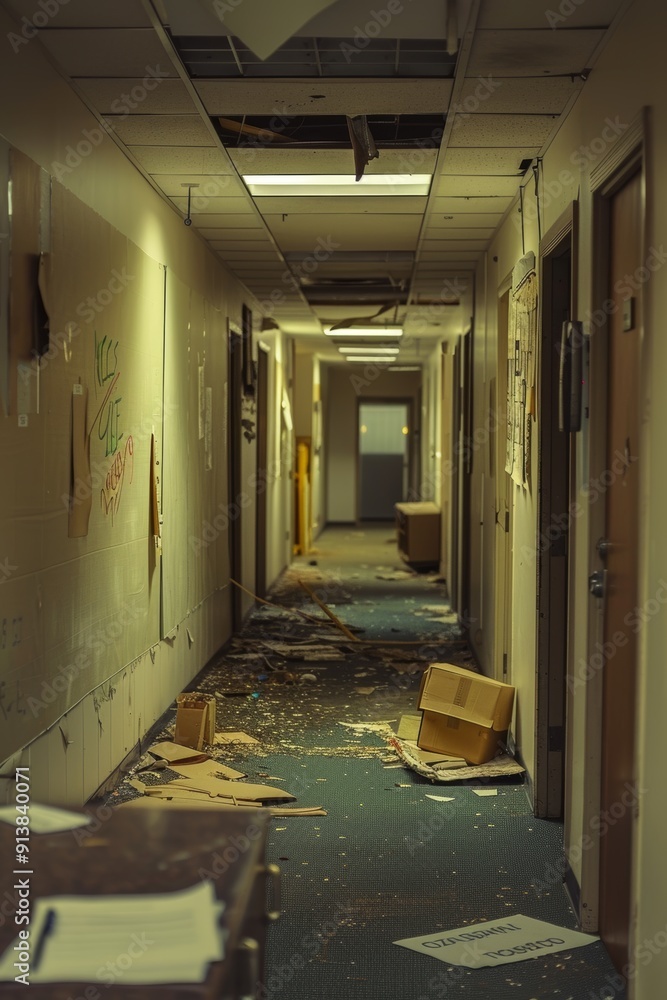 Dilapidated Office Hallway with Demotivational Posters and Debris ...