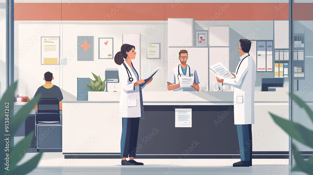 Two doctors are working at the clinic while their patient is waiting ...