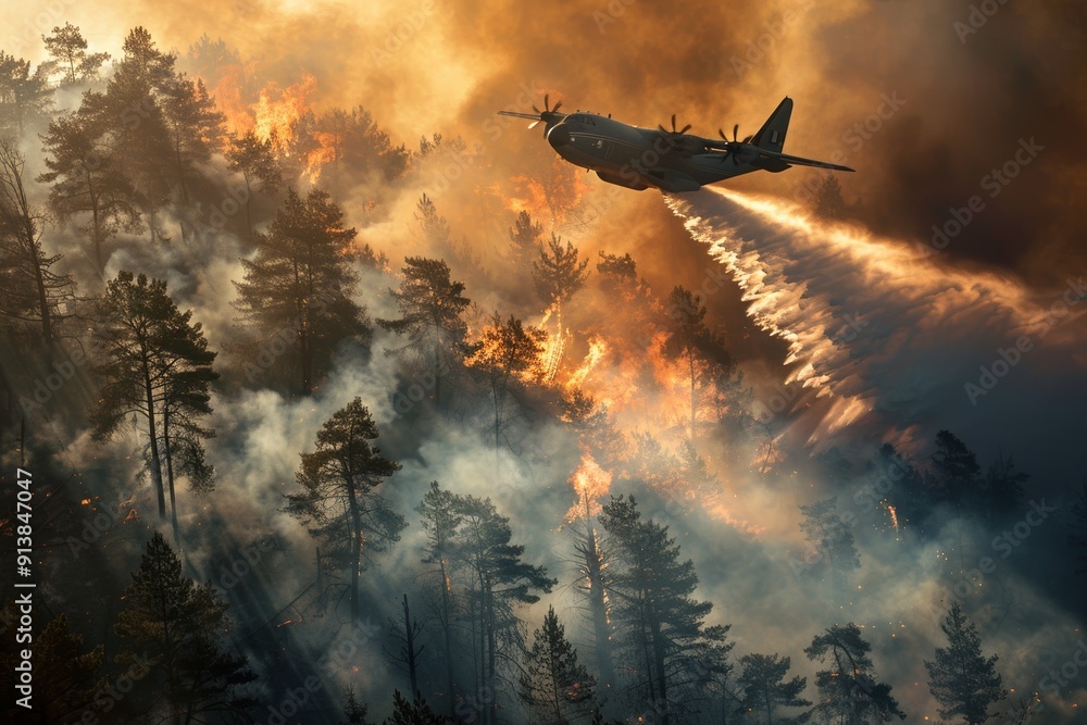 Firefighting aircraft releases water wildfire performing its mission ...