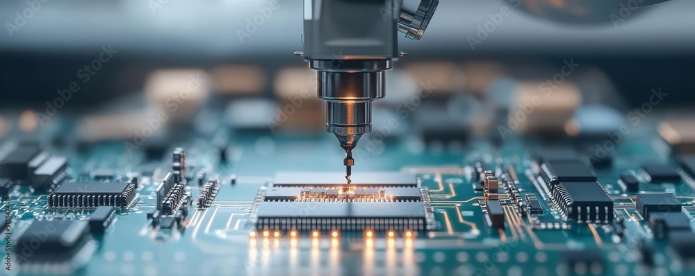 Precision robotic arm soldering microchips, AI technology, electronic ...