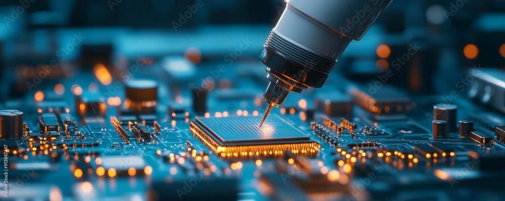 Precision robotic arm soldering microchips, AI technology, electronic ...