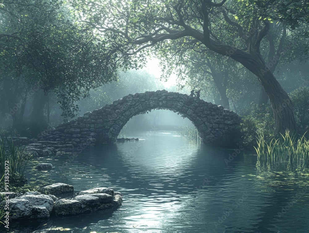 Ancient stone arch bridge gracefully spans emerald green river, a ...