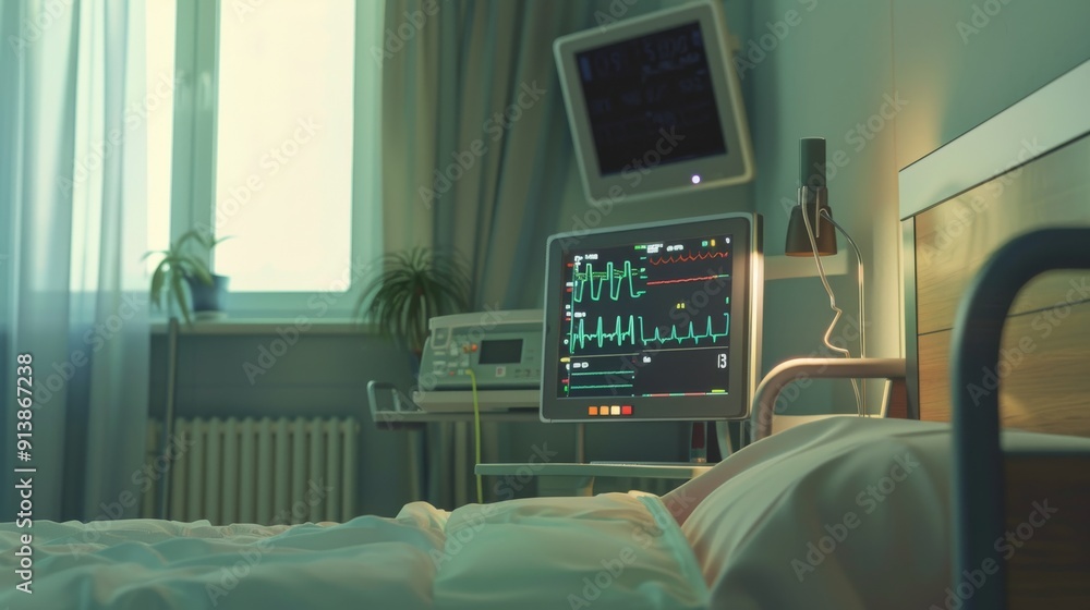 A calm hospital room with a patient bed and modern medical equipment ...