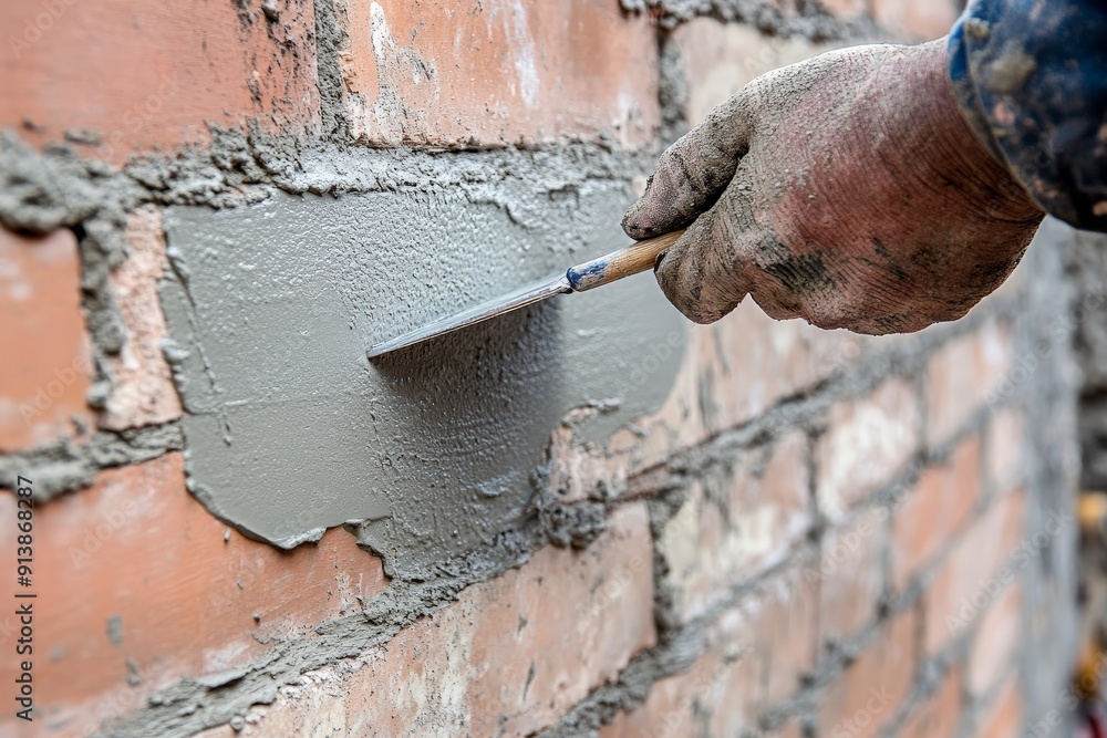 Bricklayer construction worker using a trowel to apply mortar ...