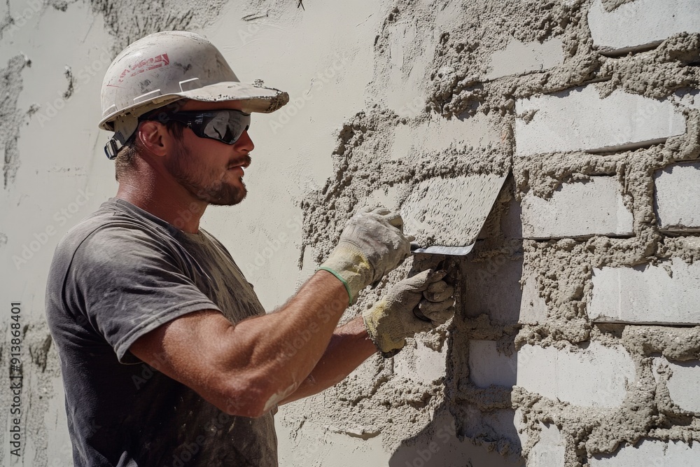Bricklayer construction worker using a trowel to apply mortar ...