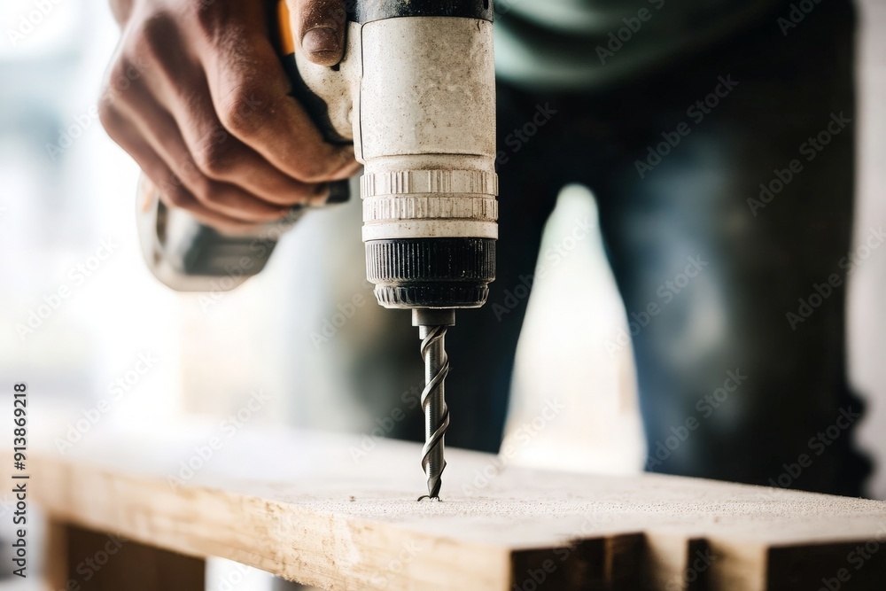 Carpenter construction worker using a power drill, illustrating the use ...