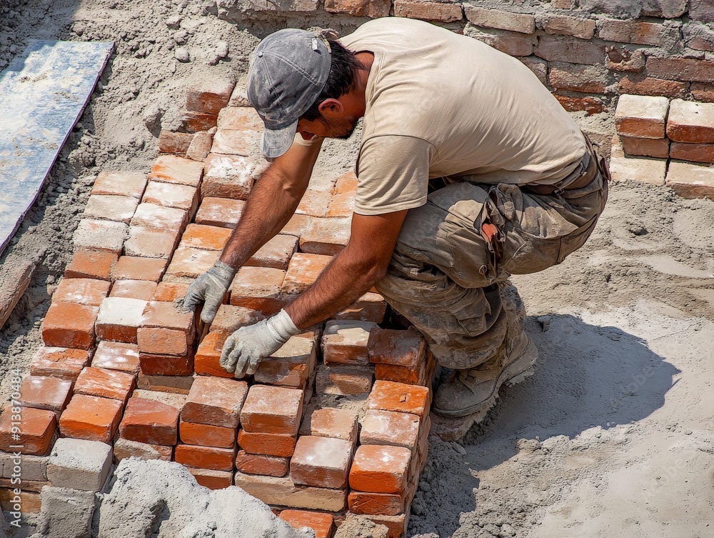 Construction worker skillfully laying bricks with perfect alignment ...