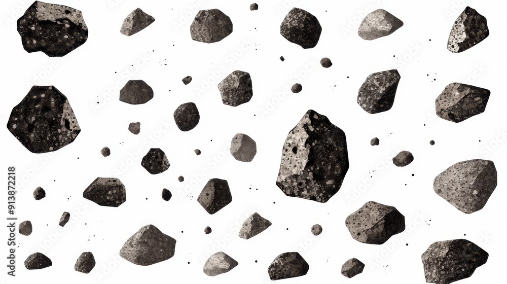 Collection of different asteroids and meteors on a white background ...