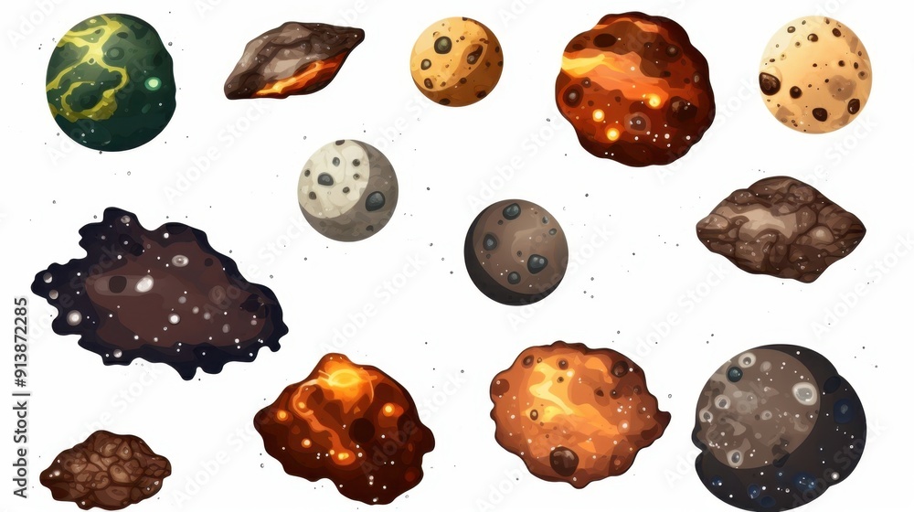 Collection of different asteroids and meteors on a white background ...