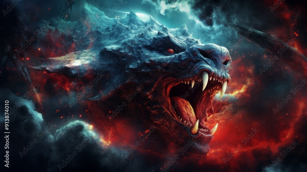 Mythical space demon in dark nebula galaxy background in blue and red ...
