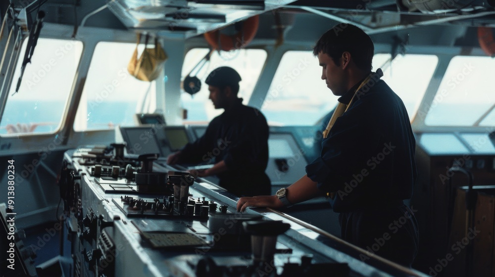 Crew members stationing at their posts in the dimly lit control room of ...
