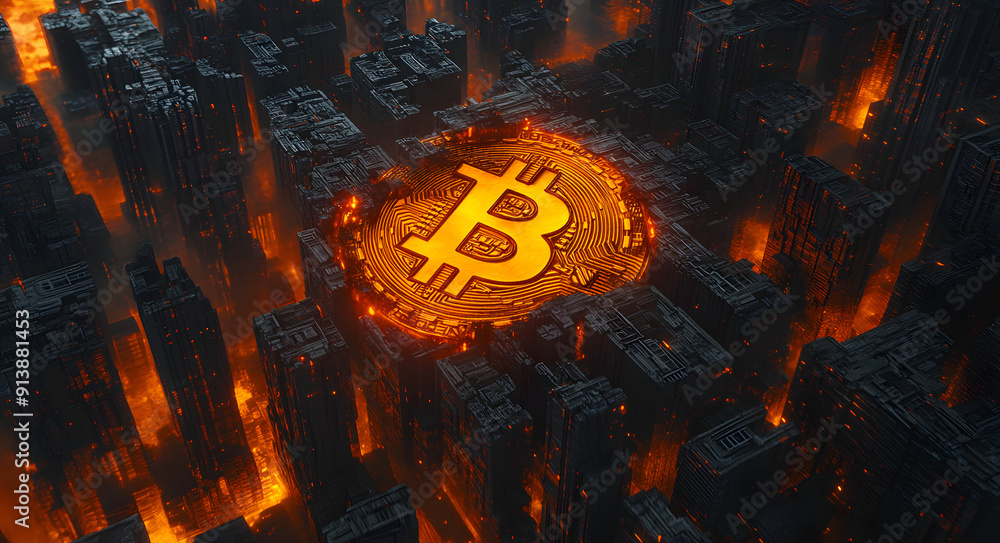 Bitcoin Logo Made of Glowing Circuit Boards and Digital Elements Stock Illustration | Adobe Stock