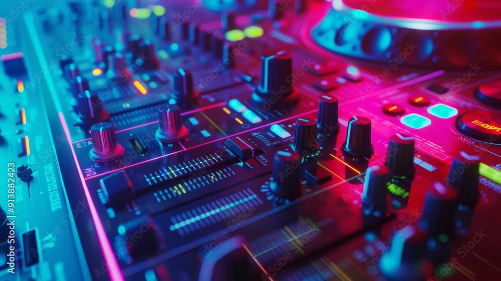 Vibrant and colorful DJ mixer board with glowing neon lights, full of ...