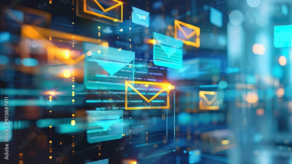 Futuristic digital mail interface showcasing floating email icons and ...