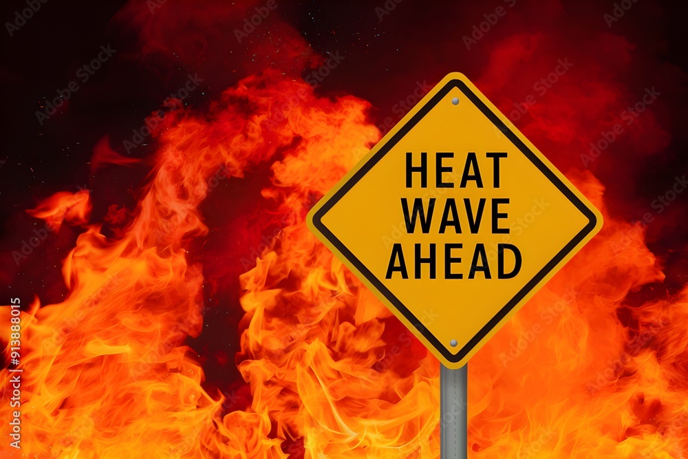 Fiery flames with HEAT WAVE AHEAD sign, creating a dynamic, alarming ...