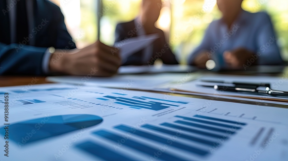 Annual financial report meeting, with executives reviewing a column ...
