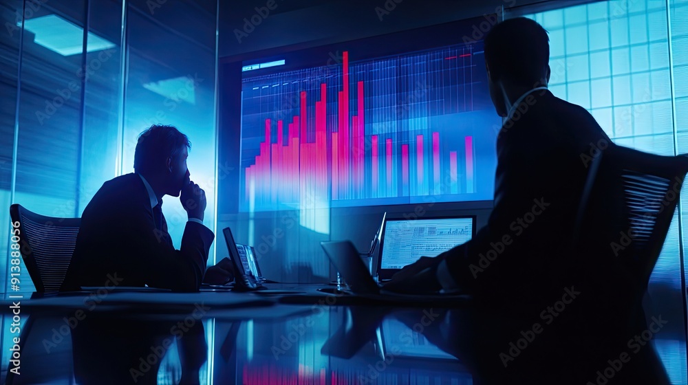 Annual financial report meeting, with executives reviewing a column ...