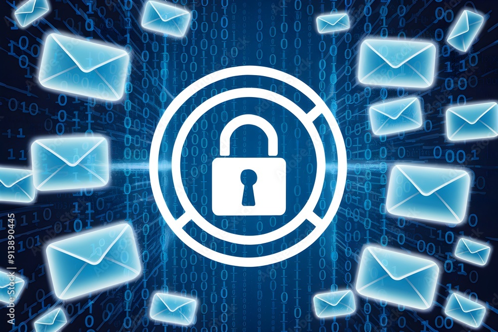 Cybersecurity image with central padlock icon, floating envelopes, binary code backdrop Stock ...