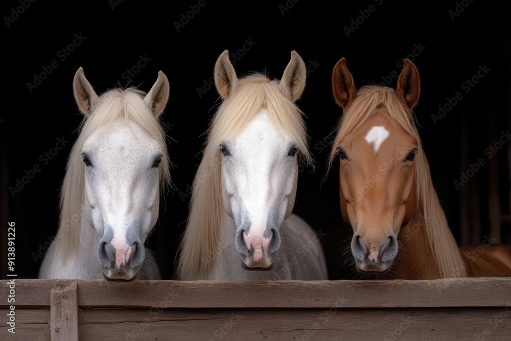 Three beautiful horses stand side by side in a stable, showcasing their ...