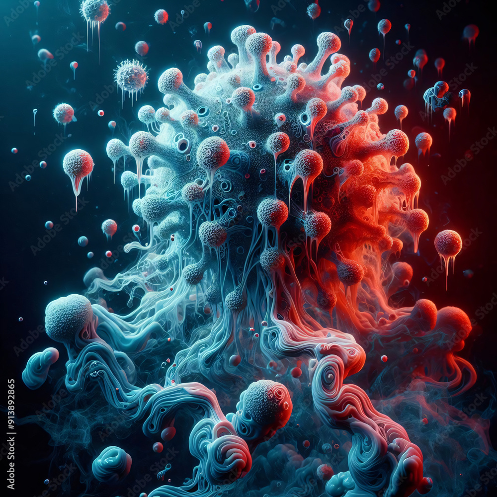 A large, glowing, red and blue virus is floating in the air. The virus ...