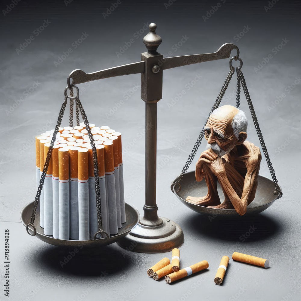 An impactful image of balancing scales with a pile of cigarettes on one ...