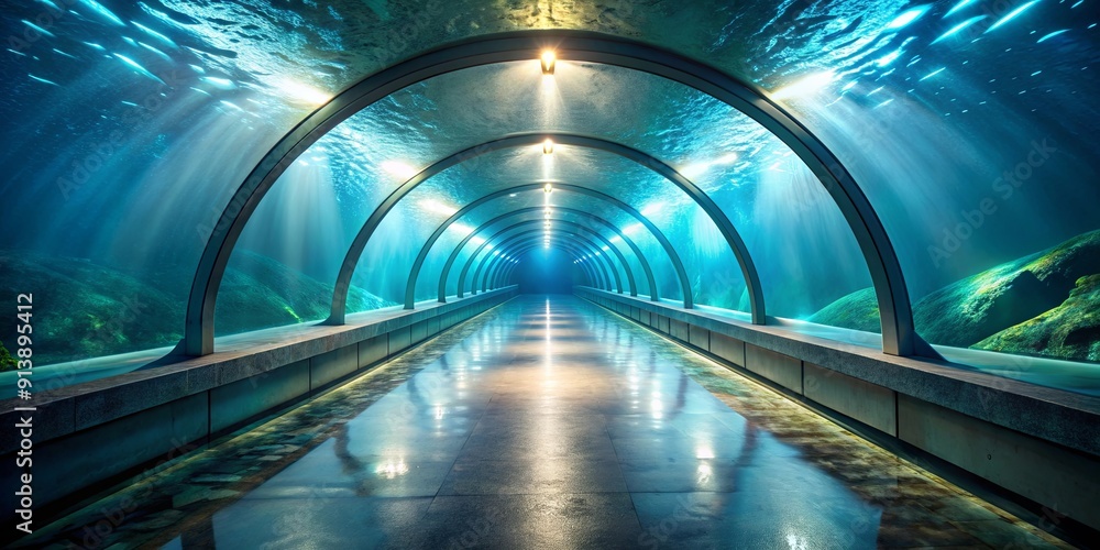 Underwater tunnel with arched walkway and atmospheric lighting, tunnel ...