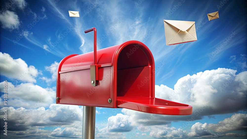 red mailbox with flying envelope, mail delivery, and newsletter concept ...
