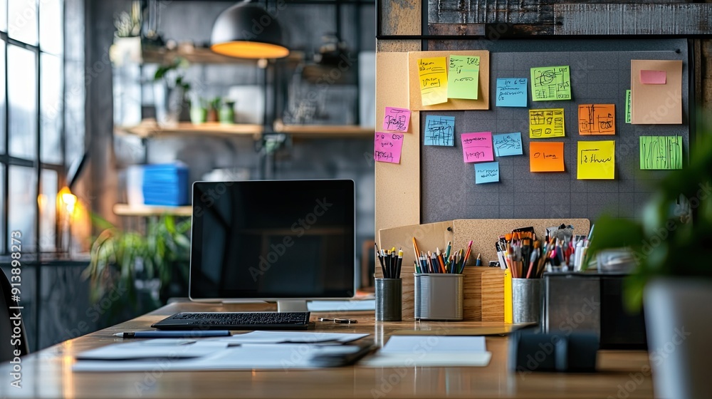 A creative workspace with sticky notes and sketches pinned on a ...