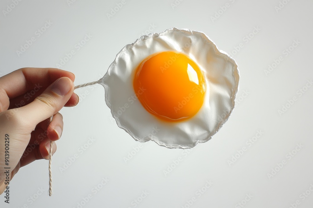 An orange balloon tied to a string, held by a hand, against a plain ...