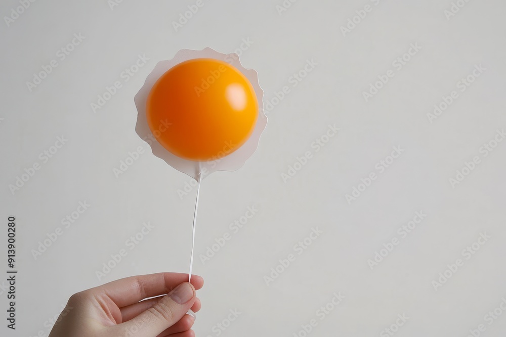 An orange balloon tied to a string, held by a hand, against a plain ...