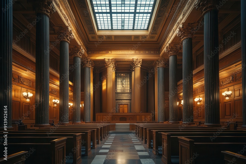 imposing courtroom interior with dramatic lighting ornate wooden ...