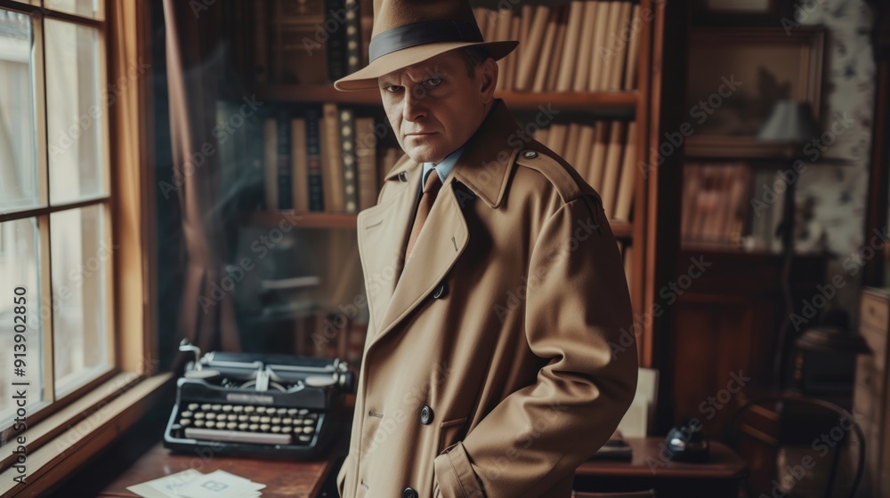Serious detective in a trench coat and fedora standing in a vintage ...