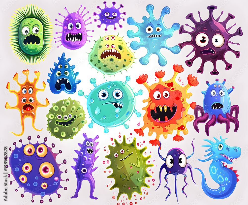 Ilustracja Stock: Set of microbes. Collection of cartoon viruses ...