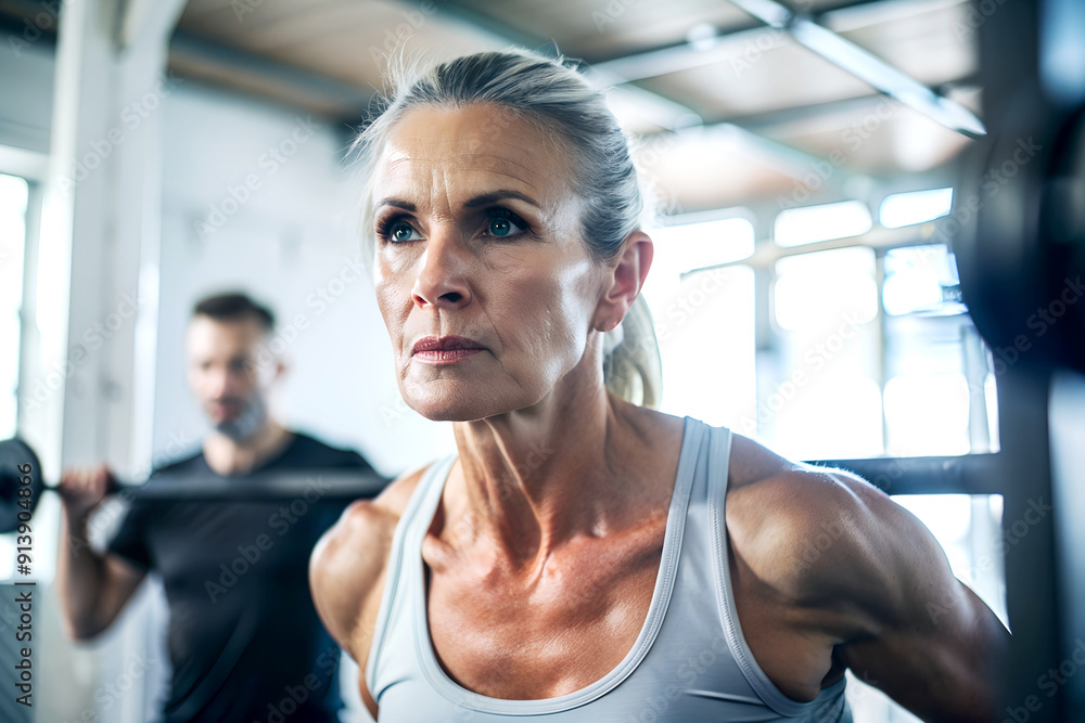 Mujer madura en el gimnasio. Señora de pelo blanco y ojos azules ...