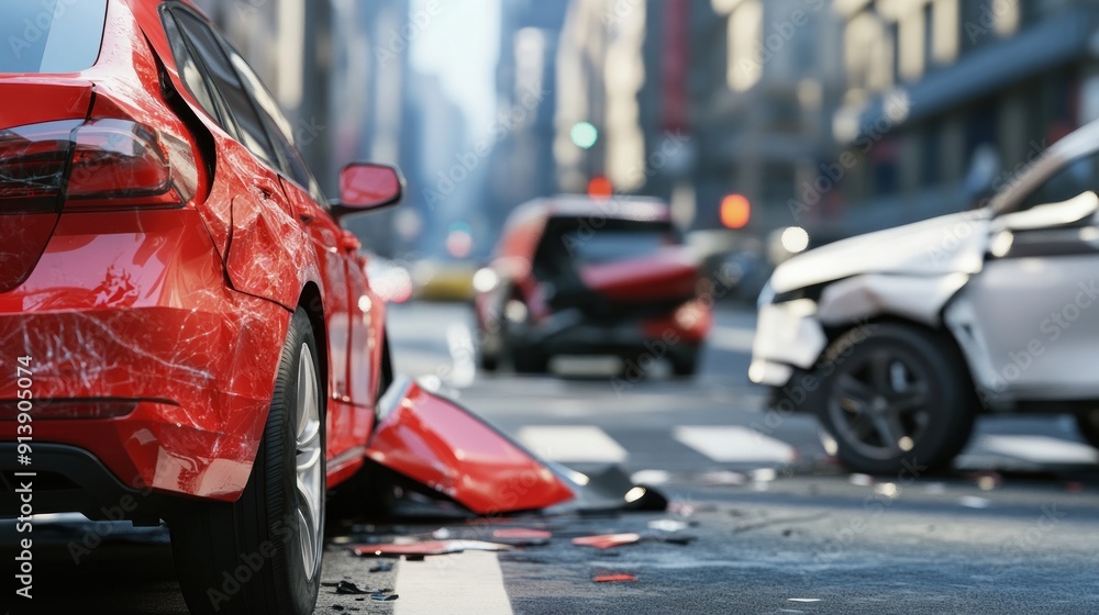 Car accident on a modern city street road, head-on collision side view ...