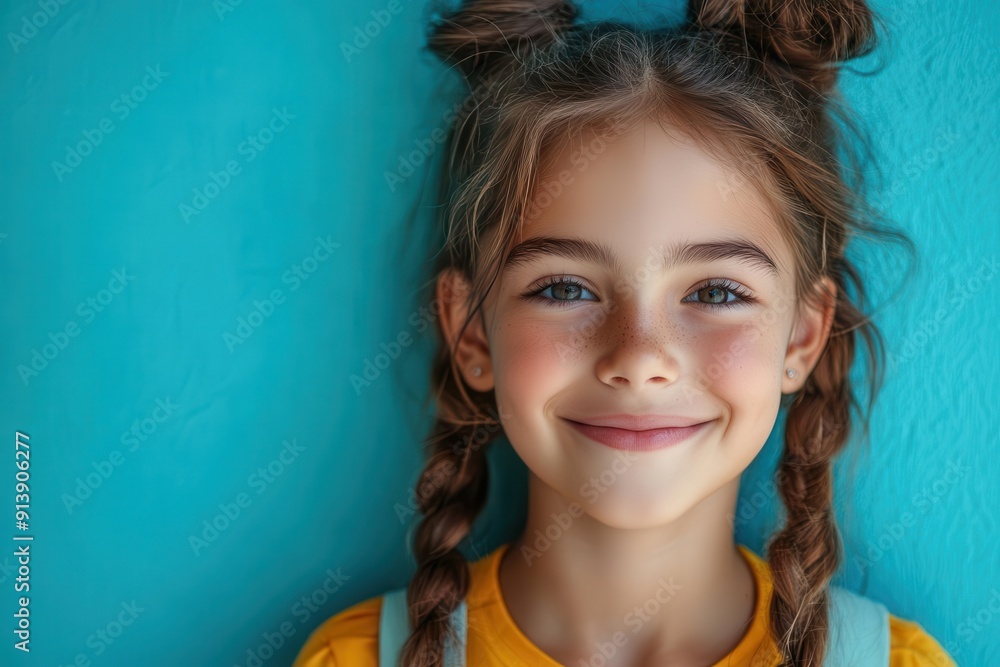 joyful schoolgirls portrait radiant smile against azure background ...