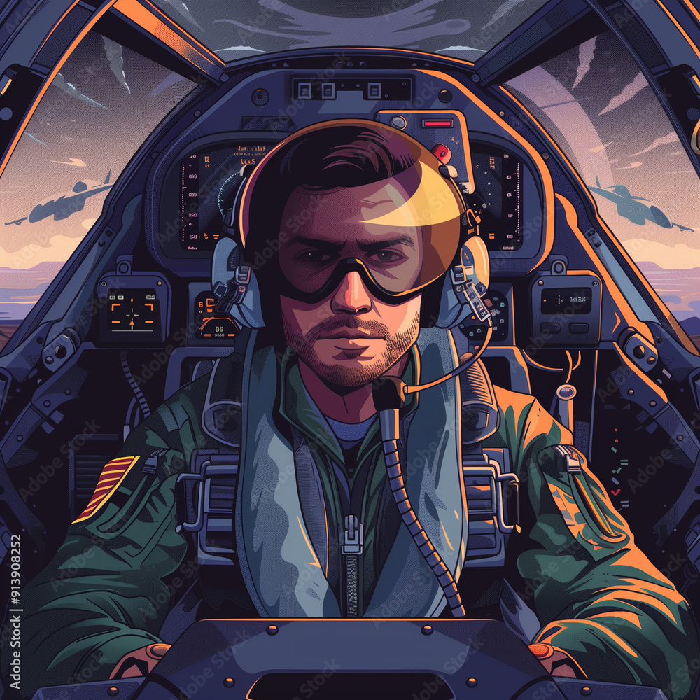 Stylized Fighter Pilot Cockpit Art: Flat Cartoon Design for Graphics ...