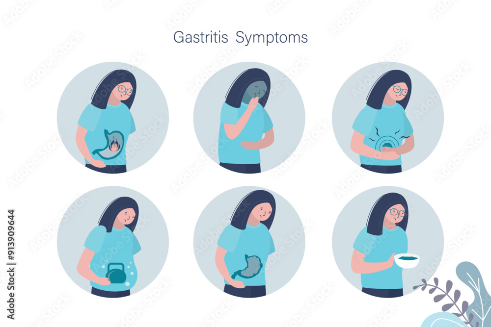 Gastritis symptoms infographic, sick woman with signs of stomach ...