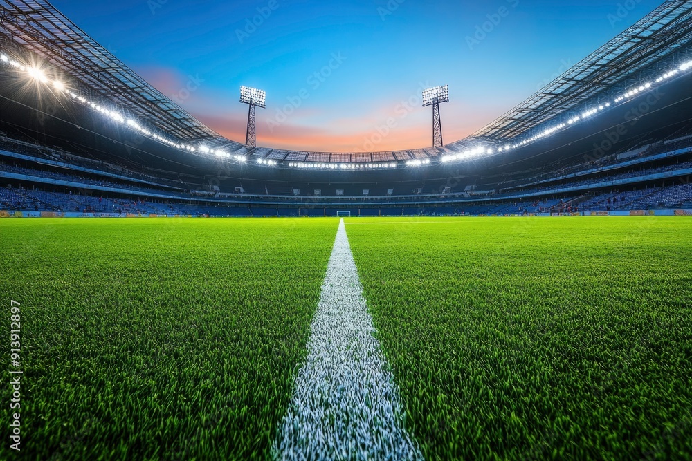 Impressive soccer stadium prepared for the evening match. Football ...
