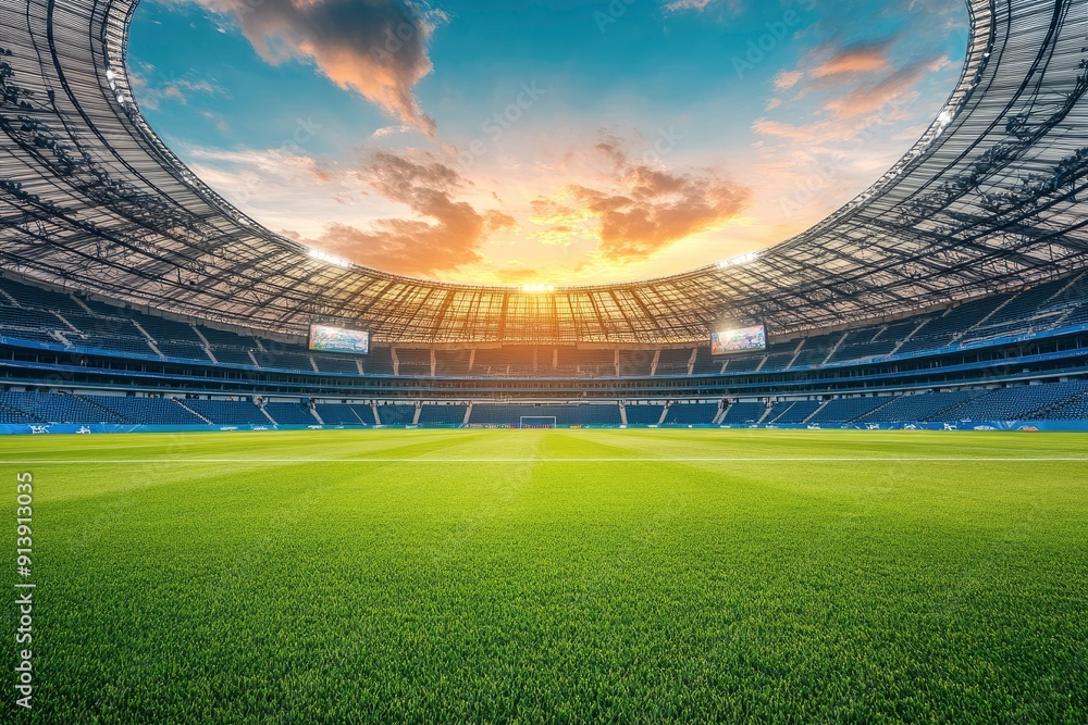 Impressive soccer stadium prepared for the evening match. Football ...