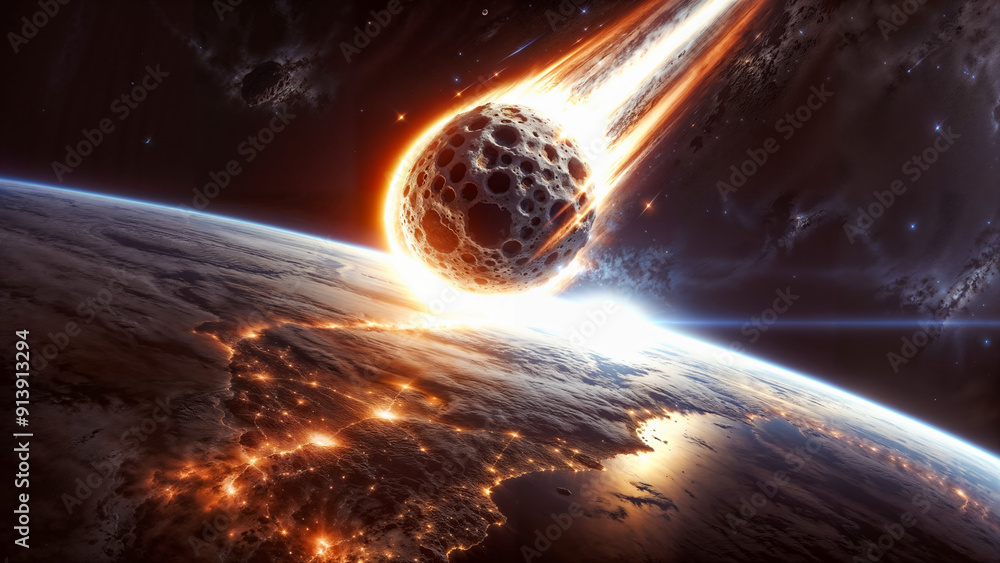 Massive asteroid entering Earth's atmosphere with fiery trail, showcasing detailed rocky surface ...